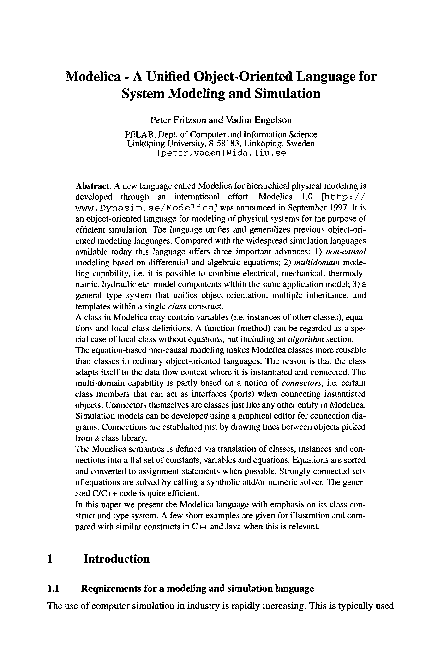 Pdf Modelica — A Unified Object Oriented Language For Physical Systems Modeling