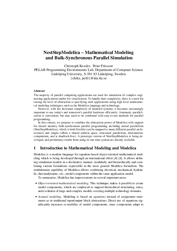(PDF) NestStepModelica – Mathematical Modeling and Bulk-Synchronous Parallel Simulation | Peter ...