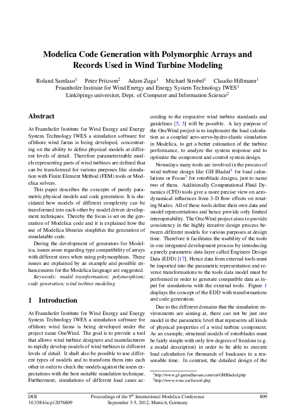 (PDF) Modelica Code Generation with Polymorphic Arrays and Records Used in Wind Turbine Modeling