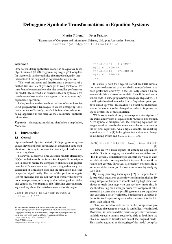 Pdf Debugging Symbolic Transformations In Equation Systems