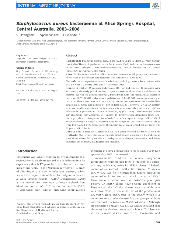 (PDF) Staphylococcus aureus bacteraemia at Alice Springs Hospital, Central Australia, 2003-2006