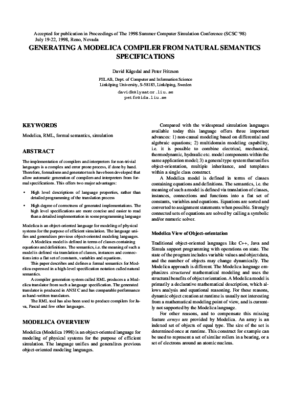 Pdf Generating A Modelica Compiler From Natural Semantics Specifications