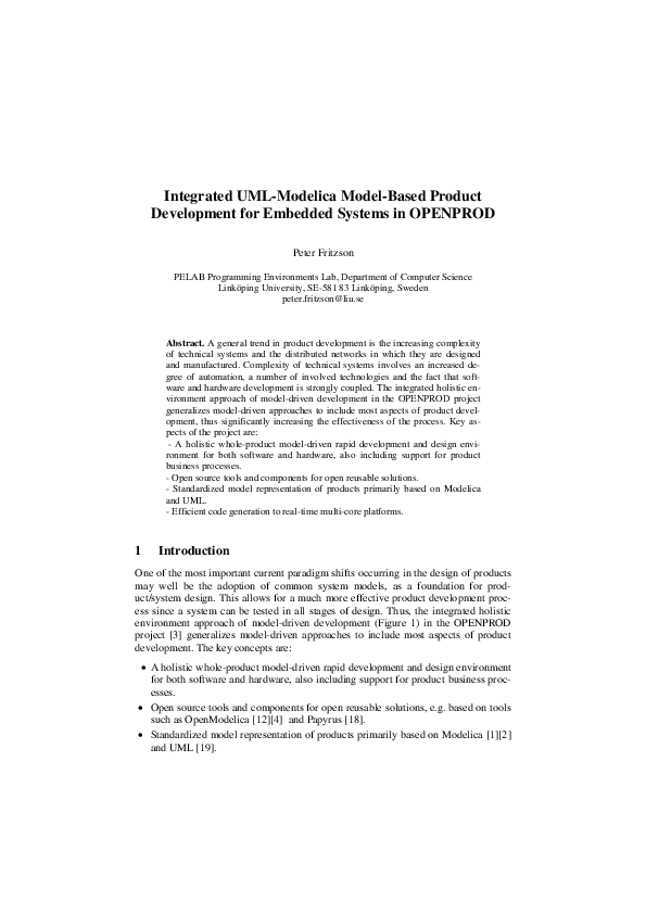 (PDF) Integrated UML-Modelica Model-Based Product Development for Embedded Systems in OPENPROD