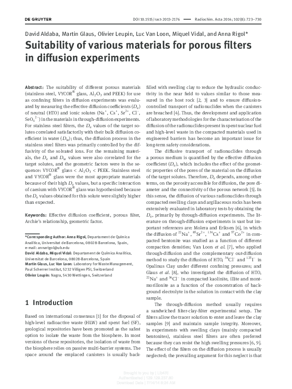 (PDF) Suitability of various materials for porous filters in diffusion experiments