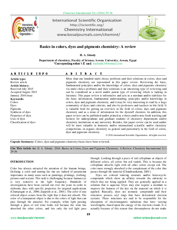 (PDF) Basics in Colors, Dyes and Pigments Chemistry: A Review