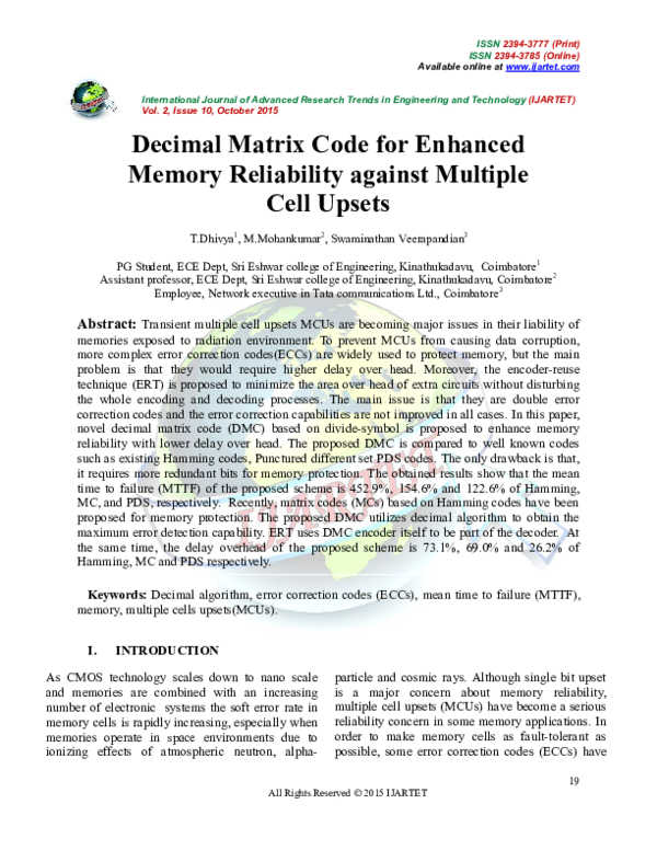 (PDF) Decimal Matrix Code for Memory Reliability