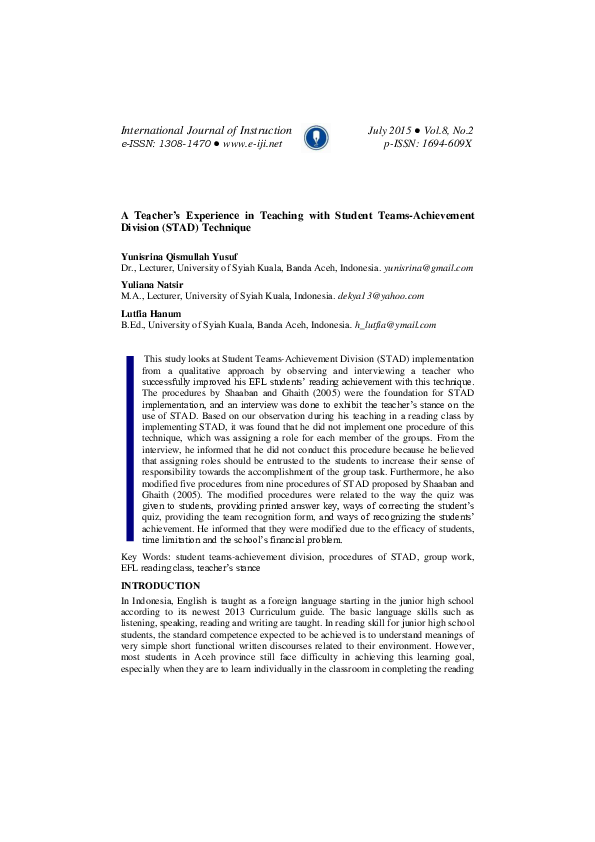 (PDF) A Teacher’s Experience in Teaching with Student Teams-Achievement Division (STAD) Technique
