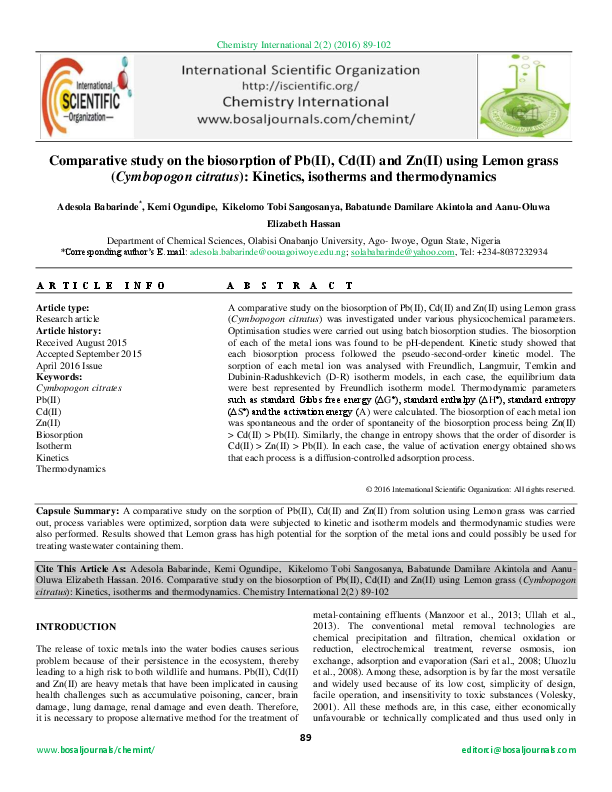 (PDF) Comparative study on the biosorption of Pb(II), Cd(II) and Zn(II) using Lemon grass ...