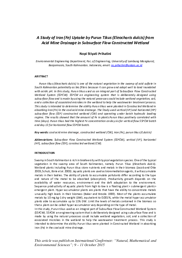 (PDF) A Study of Iron (Fe) Uptake by Purun Tikus (Eleocharis dulcis ...