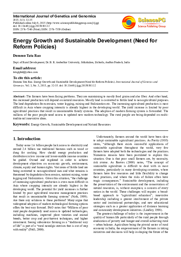 (PDF) Energy Growth and Sustainable Development (Need for Reform Policies)