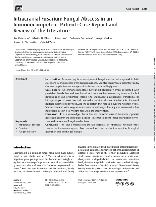 (PDF) Intracranial fusarium fungal abscess in an immunocompetent ...