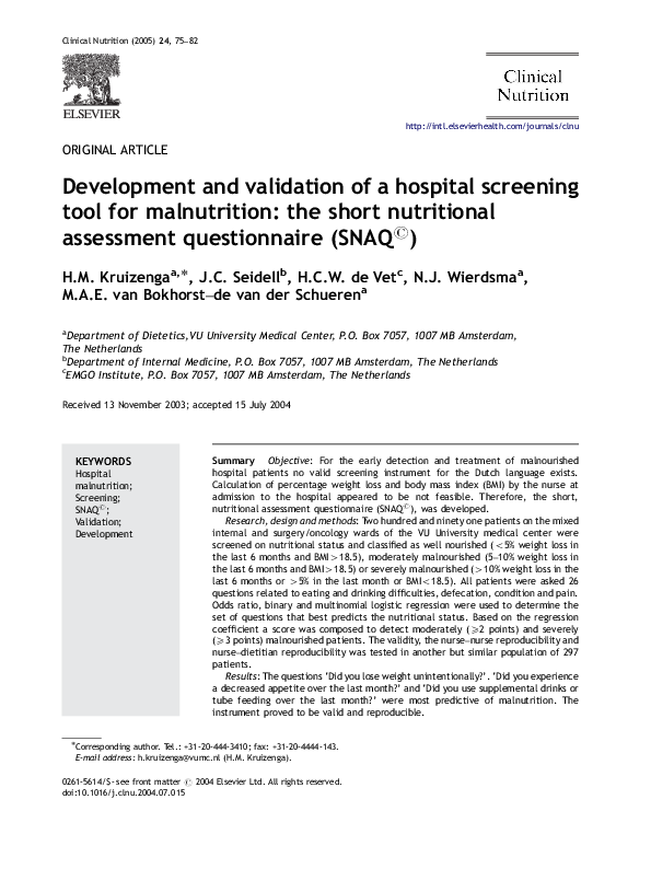 (PDF) Development of a short nutritional assessment questionnaire (SNAQ)