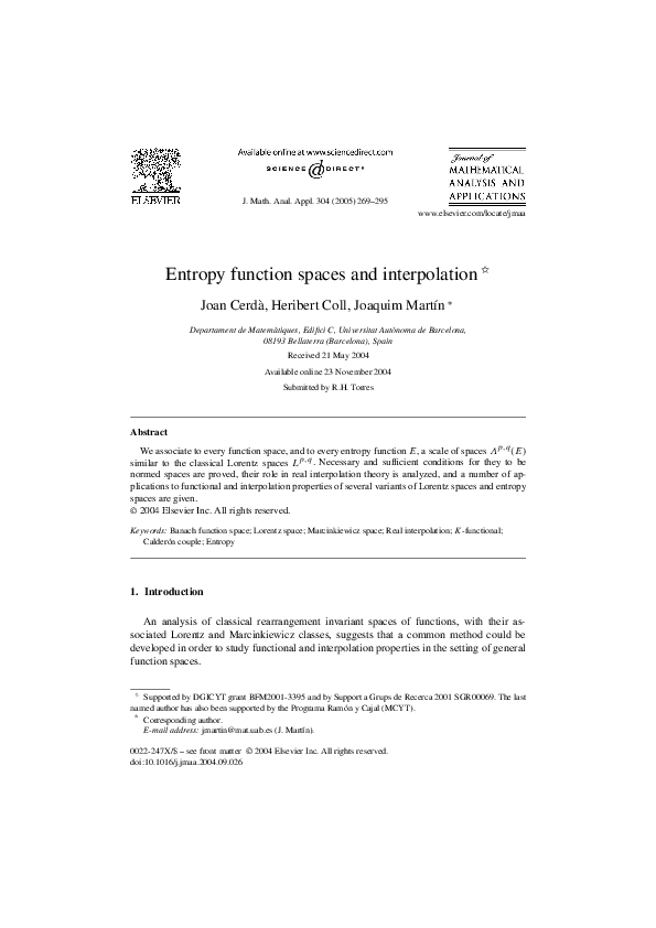 Pdf Entropy Function Spaces And Interpolation