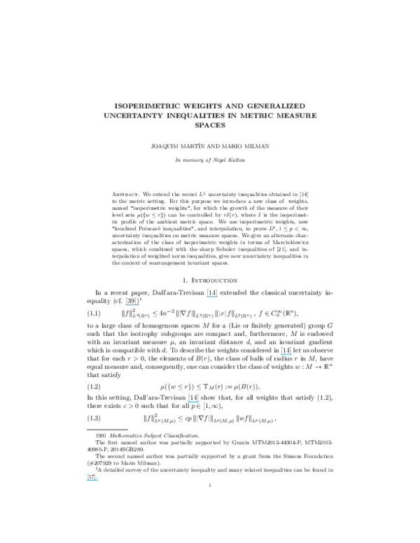 (PDF) Isoperimetric weights and generalized uncertainty inequalities in metric measure spaces ...