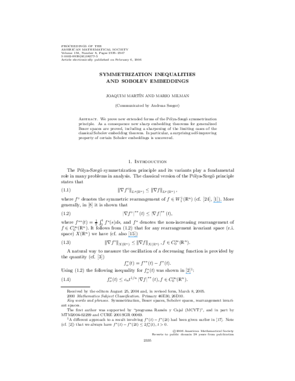 (PDF) Symmetrization Inequalities and Sobolev Embeddings