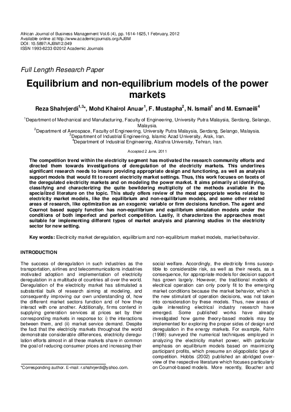 (PDF) Equilibrium and non-equilibrium models of the power markets
