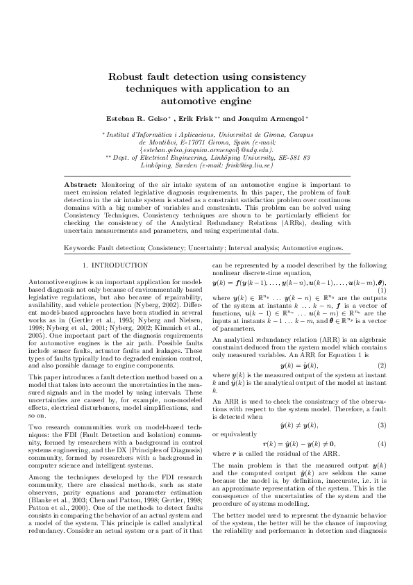 Pdf Robust Fault Detection Using Consistency Techniques With Application To An Automotive Engine