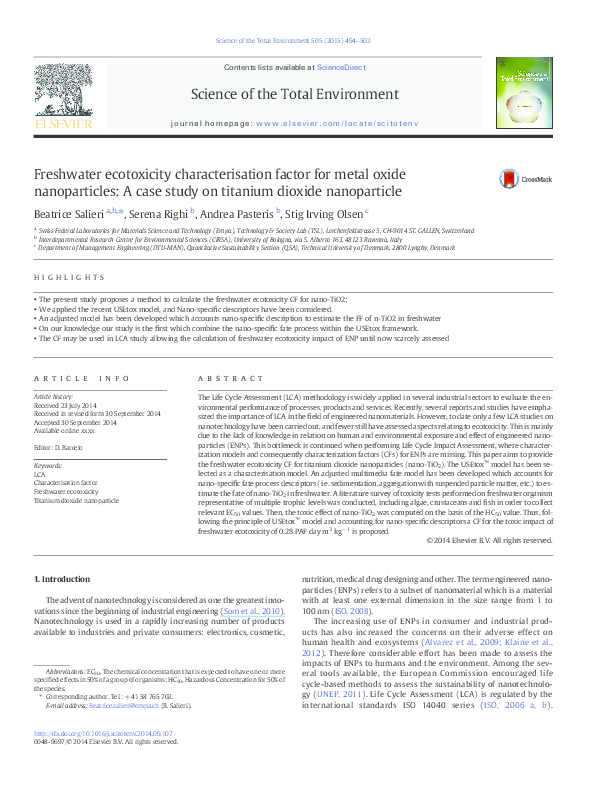 (PDF) Freshwater ecotoxicity characterisation factor for metal oxide nanoparticles: A case study ...
