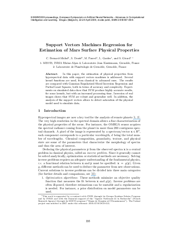 (PDF) Support vectors machines regression for the estimation of Mars surface physical properties