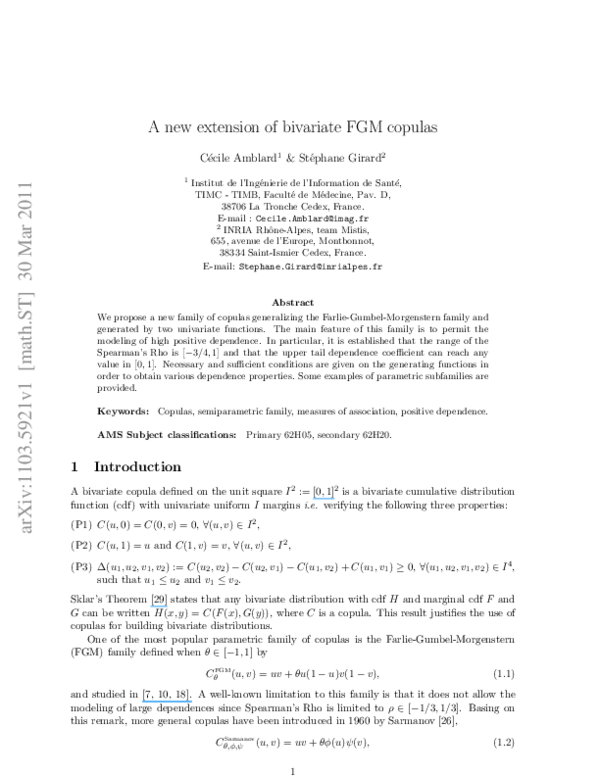 (PDF) A new extension of bivariate FGM copulas
