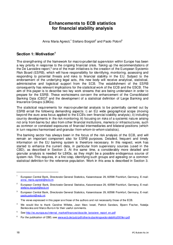 (PDF) Enhancements to ECB statistics for financial stability analysis