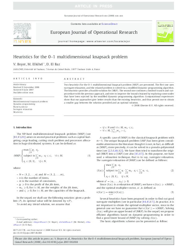 Pdf Heuristics For The 01 Multidimensional Knapsack Problem