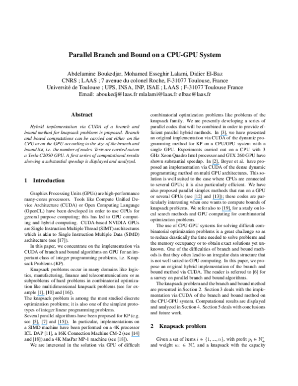 (PDF) GPU Implementation of the Branch and Bound Method for Knapsack Problems