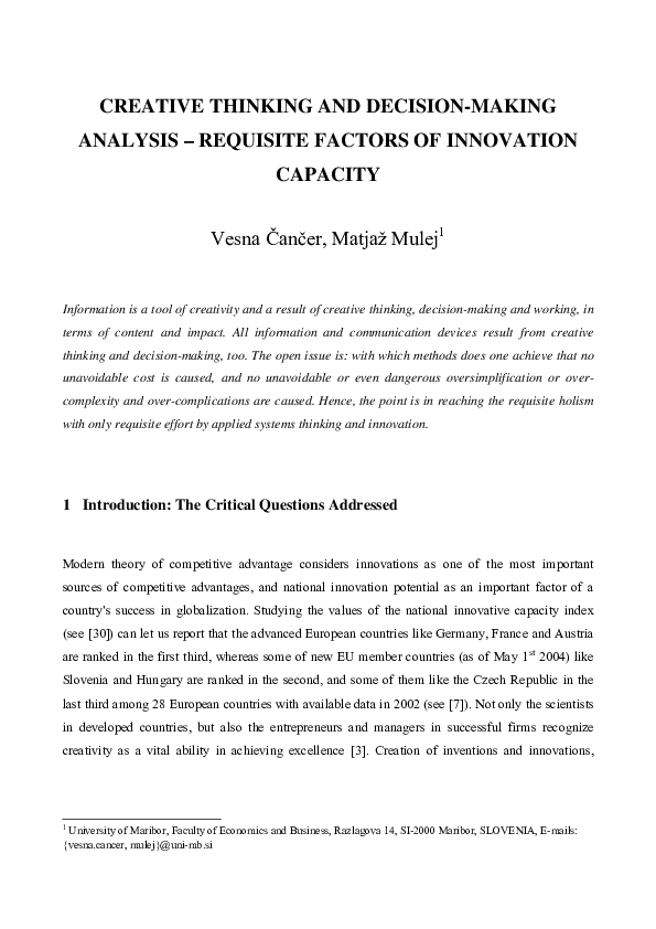 (PDF) CREATIVE THINKING AND DECISION-MAKING ANALYSIS – REQUISITE FACTORS OF INNOVATION CAPACITY