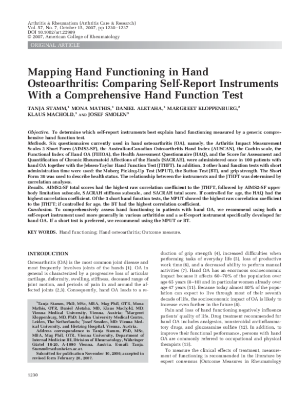 (PDF) Mapping hand functioning in hand osteoarthritis: Comparing self ...