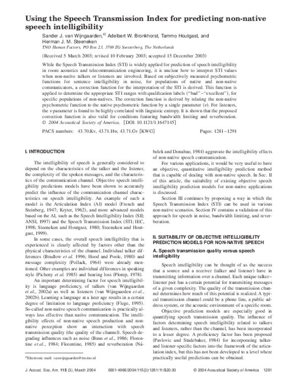 (PDF) Using the Speech Transmission Index for predicting non-native speech intelligibility ...
