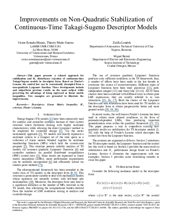 (PDF) Improvements on non-quadratic stabilization of continuous-time Takagi-Sugeno descriptor models