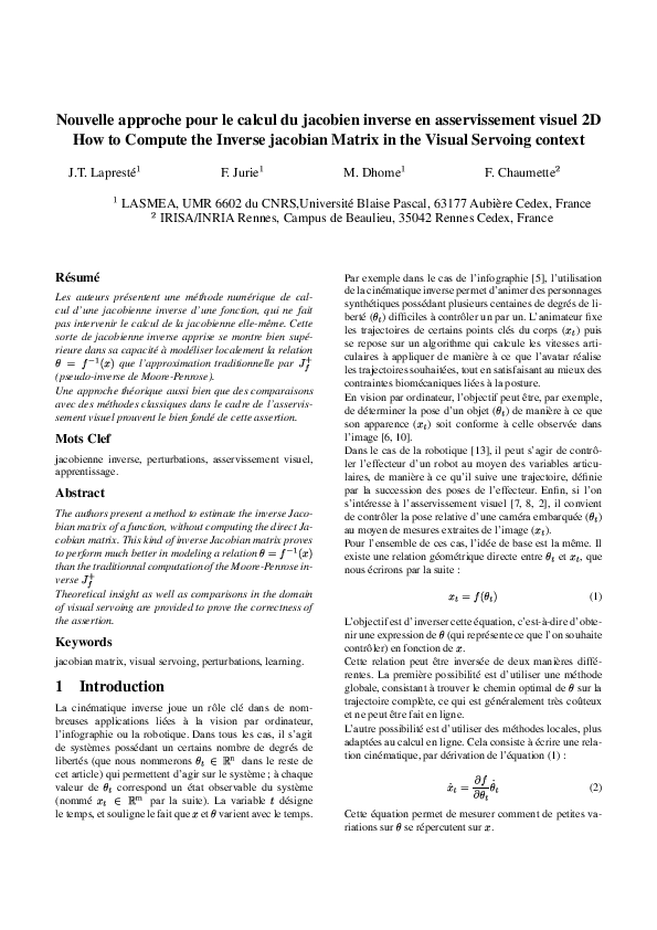 (PDF) Nouvelle approche pour le calcul du jacobien inverse en asservissement visuel 2D How to ...