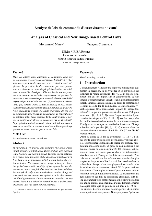 (PDF) Analysis of Classical and New Image-Based Control Laws