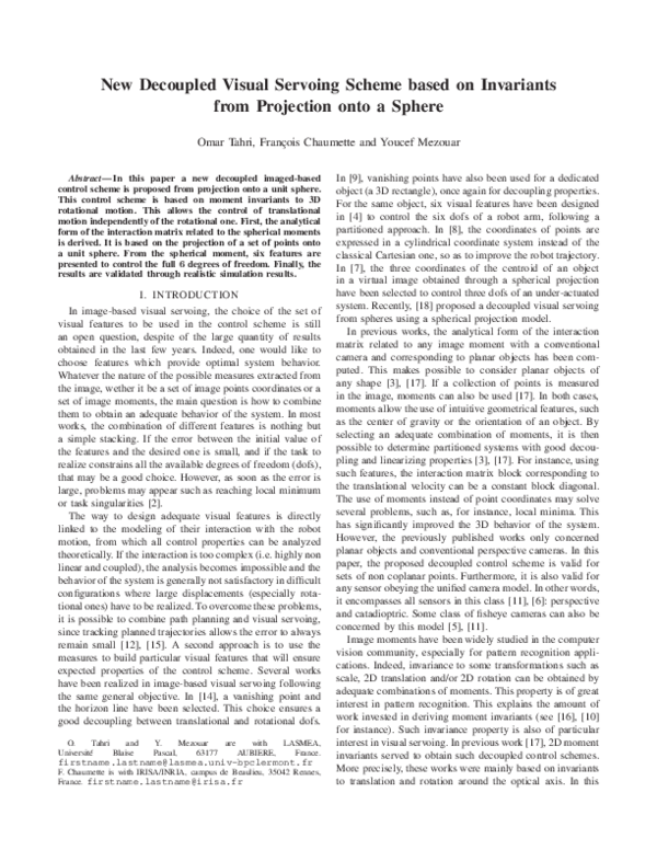 (PDF) New decoupled visual servoing scheme based on invariants from projection onto a sphere ...