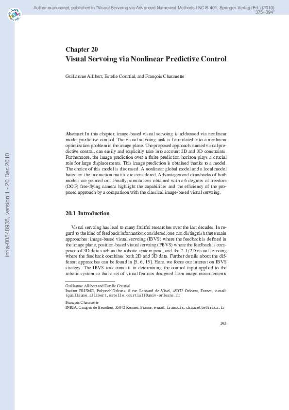 (PDF) Visual Servoing via Nonlinear Predictive Control