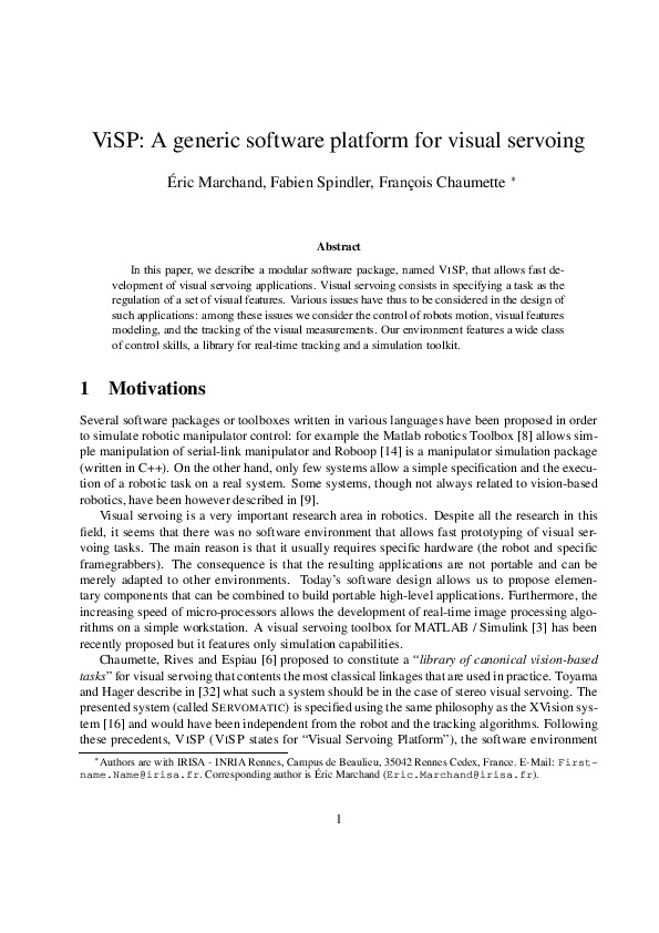 (PDF) ViSP: A generic software platform for visual servoing