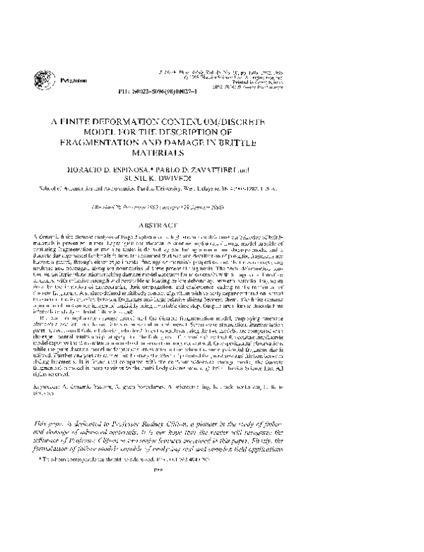 (PDF) A finite deformation continuum discrete model for the description of fragmentation and ...