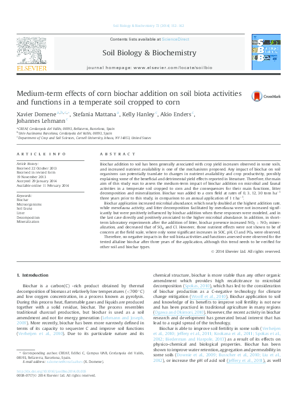 (PDF) Medium-term effects of corn biochar addition on soil biota ...