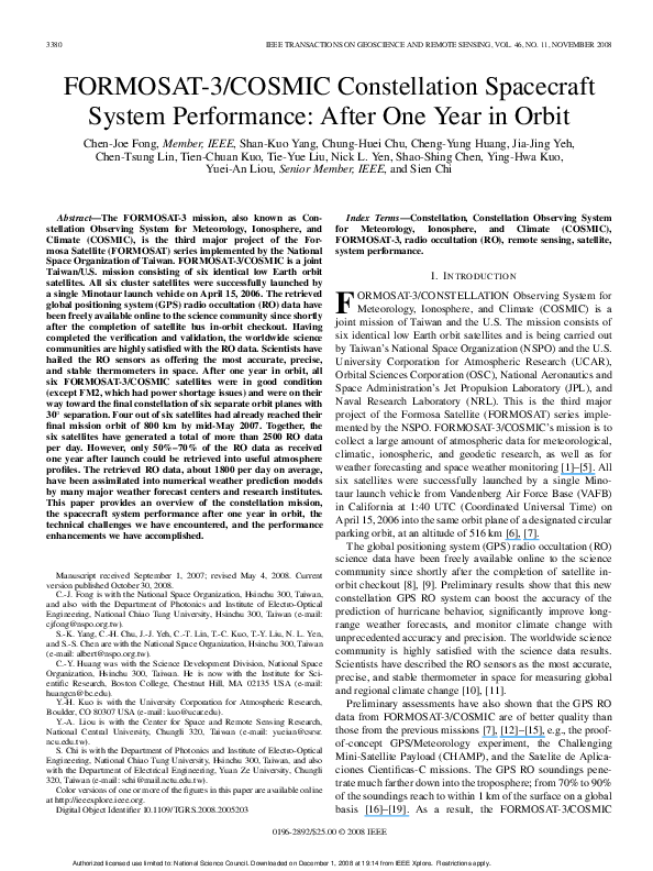 (PDF) FORMOSAT-3/COSMIC Constellation Spacecraft System Performance: After One Year in Orbit
