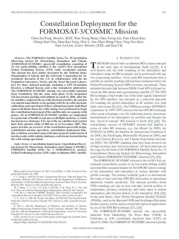 (PDF) Constellation Deployment for the FORMOSAT-3/COSMIC Mission