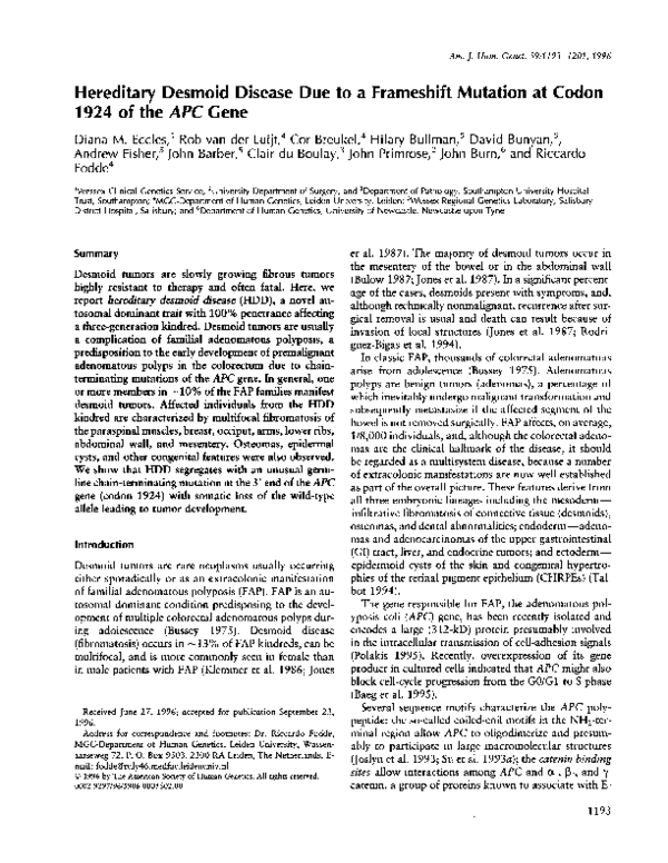 (PDF) Hereditary desmoid disease due to a frameshift mutation at codon ...