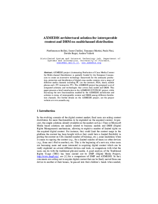 (PDF) Interoperable Content and DRM Solutions in AXMEDIS Architecture