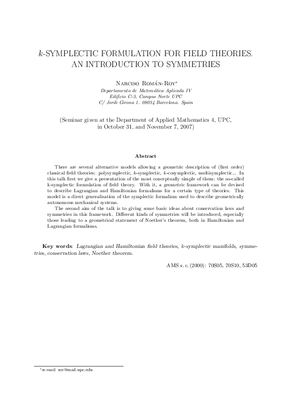 (PDF) k-SYMPLECTIC FORMULATION FOR FIELD THEORIES. AN INTRODUCTION TO ...