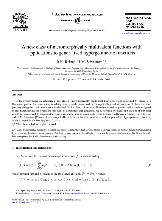 Pdf A New Class Of Meromorphically Multivalent Functions With Applications To Generalized