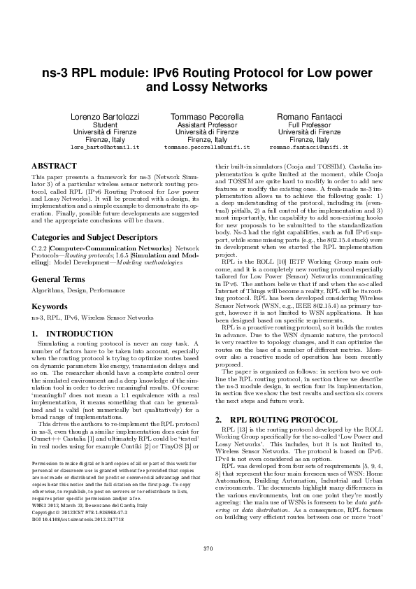 (PDF) ns-3 RPL module: IPv6 Routing Protocol for Low power and Lossy Networks