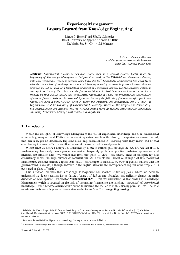 (PDF) Experience Management: Lessons Learned from Knowledge Engineering