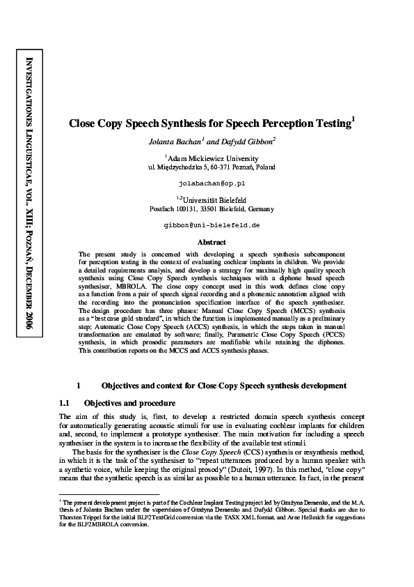 Pdf Close Copy Speech Synthesis For Speech Perception Testing 