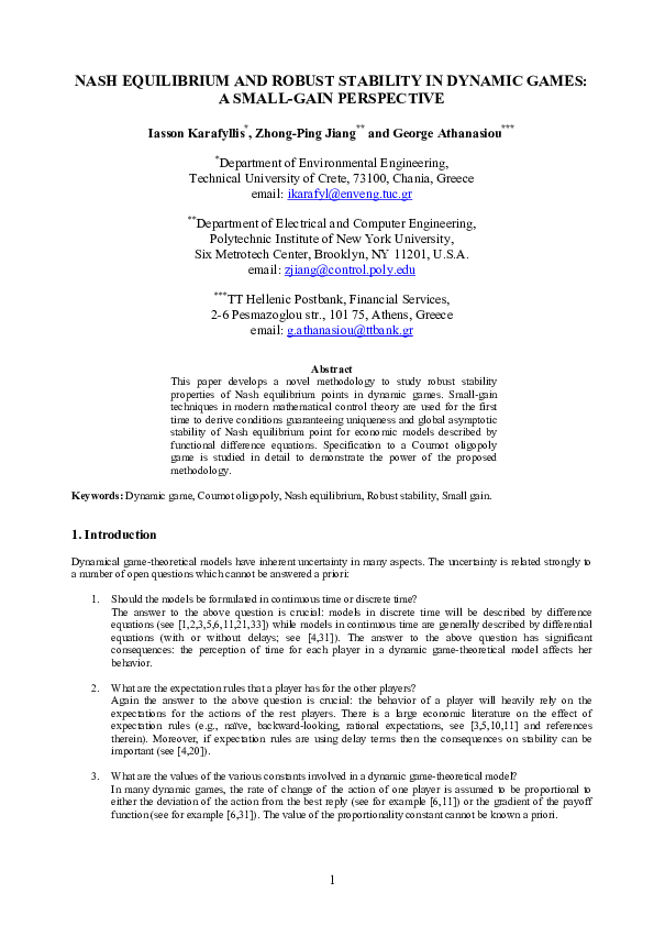 (PDF) Nash equilibrium and robust stability in dynamic games: A small ...