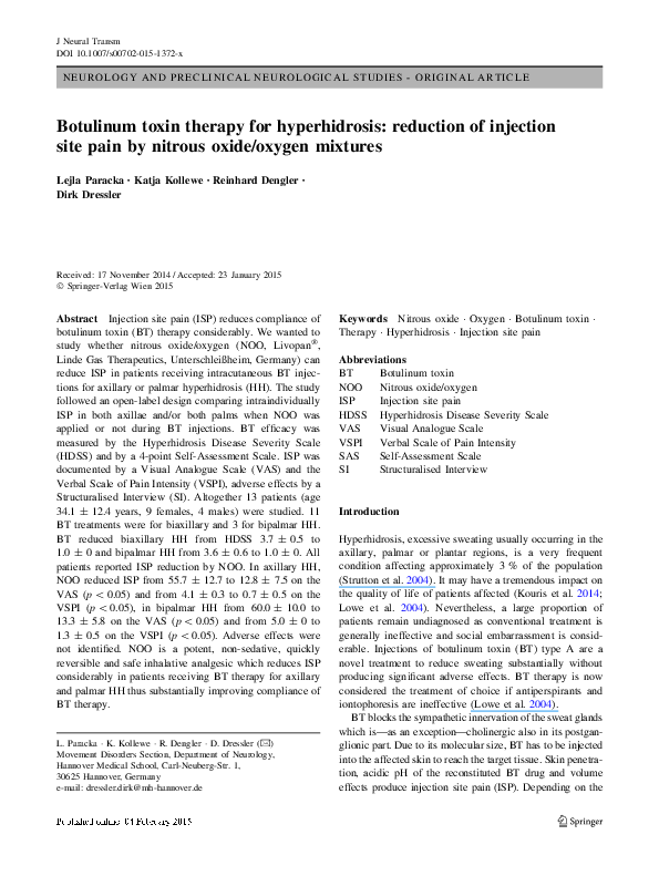 (PDF) Botulinum toxin therapy for hyperhidrosis: reduction of injection ...