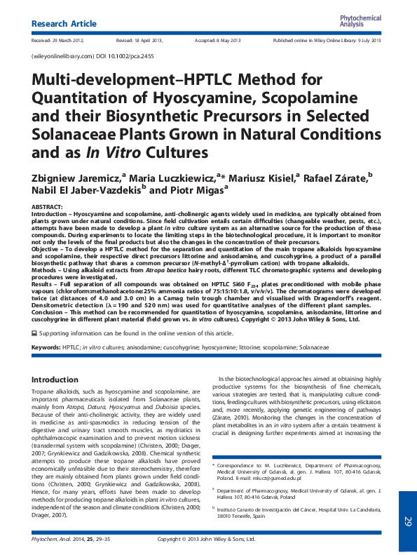 (PDF) Multi-development-HPTLC Method for Quantitation of Hyoscyamine, Scopolamine and their ...